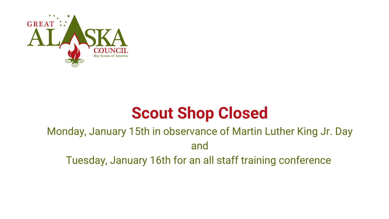 Scout Shop Closed Monday, January – Great Alaska Council